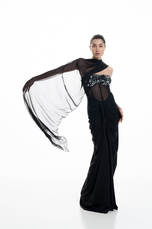 MIDNIGHT CORSETED DRAPE DRESS WITH NECK DRAPE – Sotbella