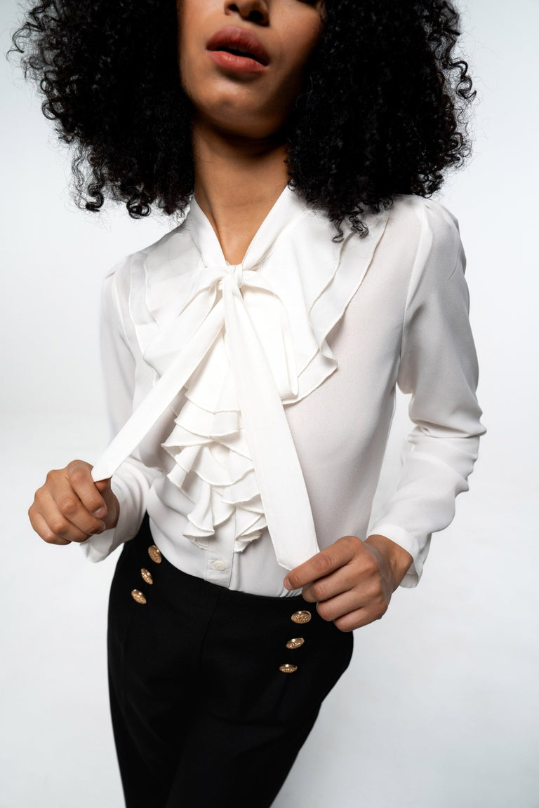 Elegant White & Black Co-Ord Set with Ruffle Neck Shirt and Wide Leg T ...